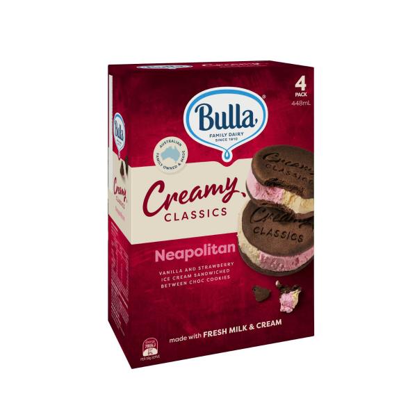 Buy Bulla Creamy Classics Neapolitan Sandwiches 448ml 4 Pack | Coles