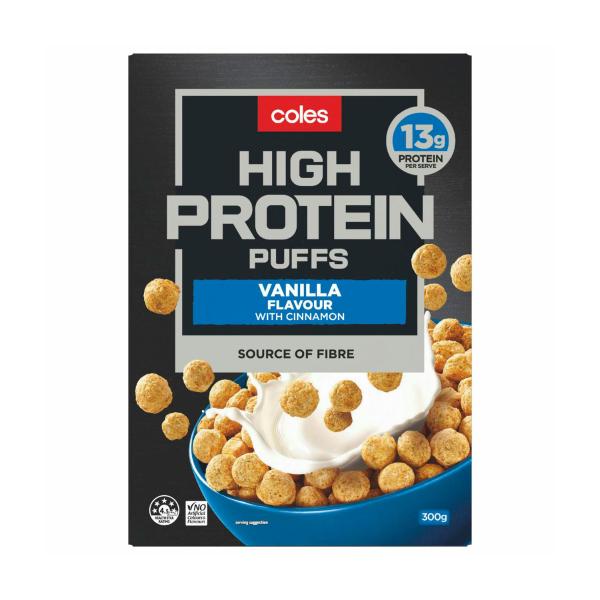 Buy Coles High Protein Cereal Puffs Vanilla Flavour With Cinnamon 300g | Coles