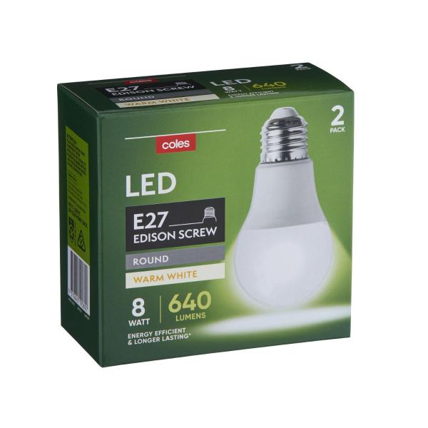 Buy Coles Light Globes LED GLS ES 8W 650L Warm White 2 pack | Coles
