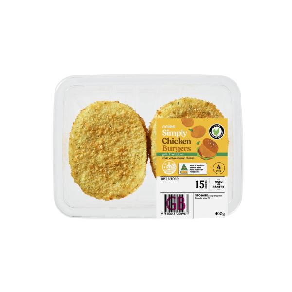 Buy COLES SIMPLY RSPCA CHICKEN BURGERS GARLIC | Coles