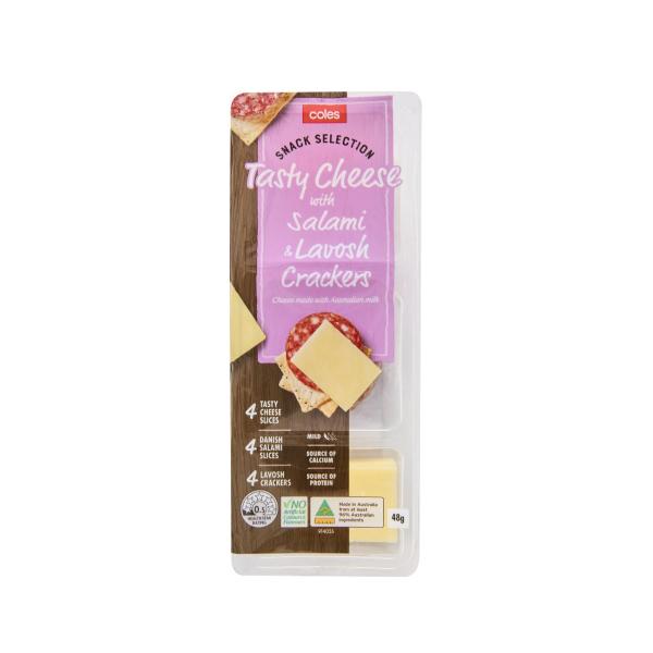 Buy Coles Tasty Cheese Slices Salami & Poppyseed Lavosh Crackers 48g ...