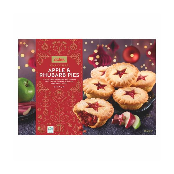 Buy Coles Christmas Apple & Rhubarb Pies 6 Pack 360g | Coles