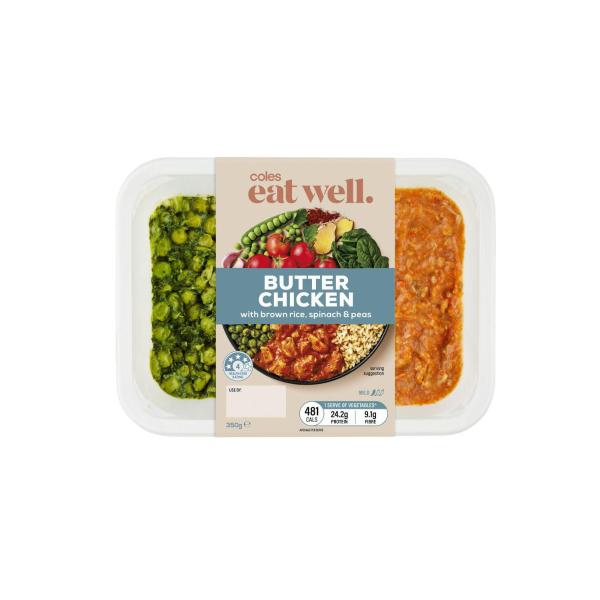 Buy Coles Eat Well Butter Chicken With Brown Rice Spinach Peas 350g | Coles