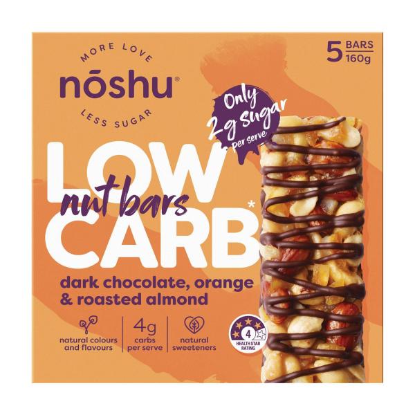 Buy Noshu Low Carb Dark Chocolate Orange & Almond Nut Bar 160g | Coles