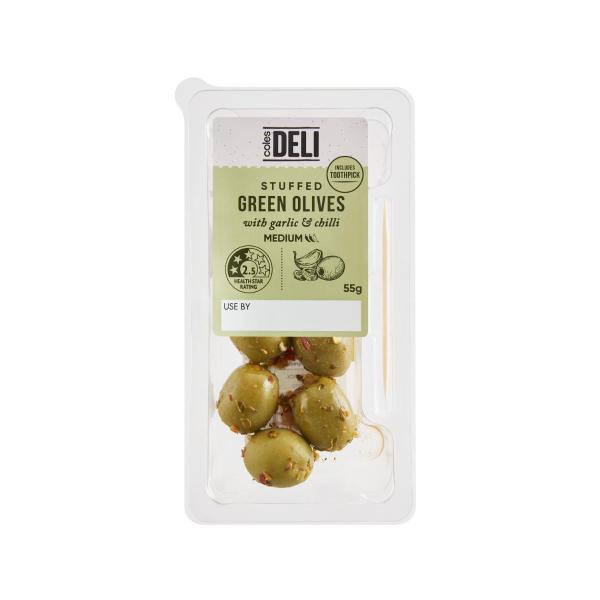 Buy Coles Green Olives With Chilli & Garlic Snack Pack 55g | Coles