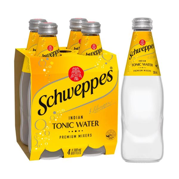 Schweppes Zero Sugar Indian Tonic Water Glass Bottle 300mL x 4 pack