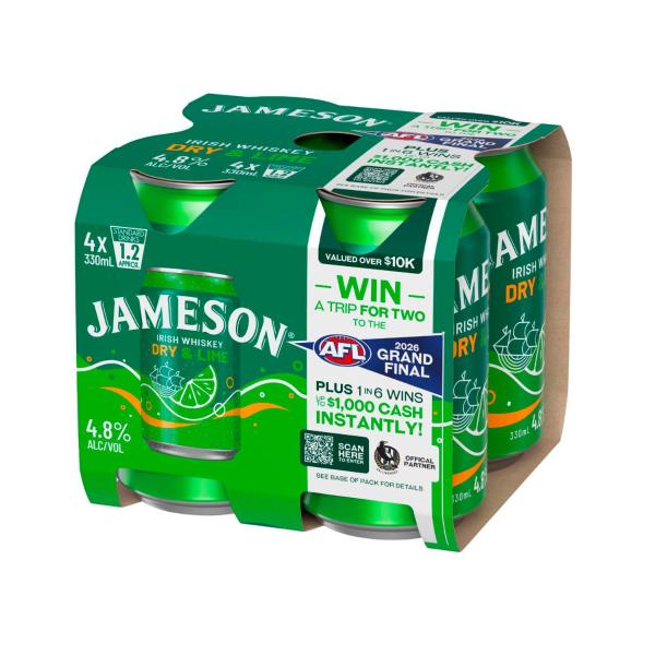 Buy Jameson Dry & Lime 4.8% Can 330ml 4 Pack | Coles